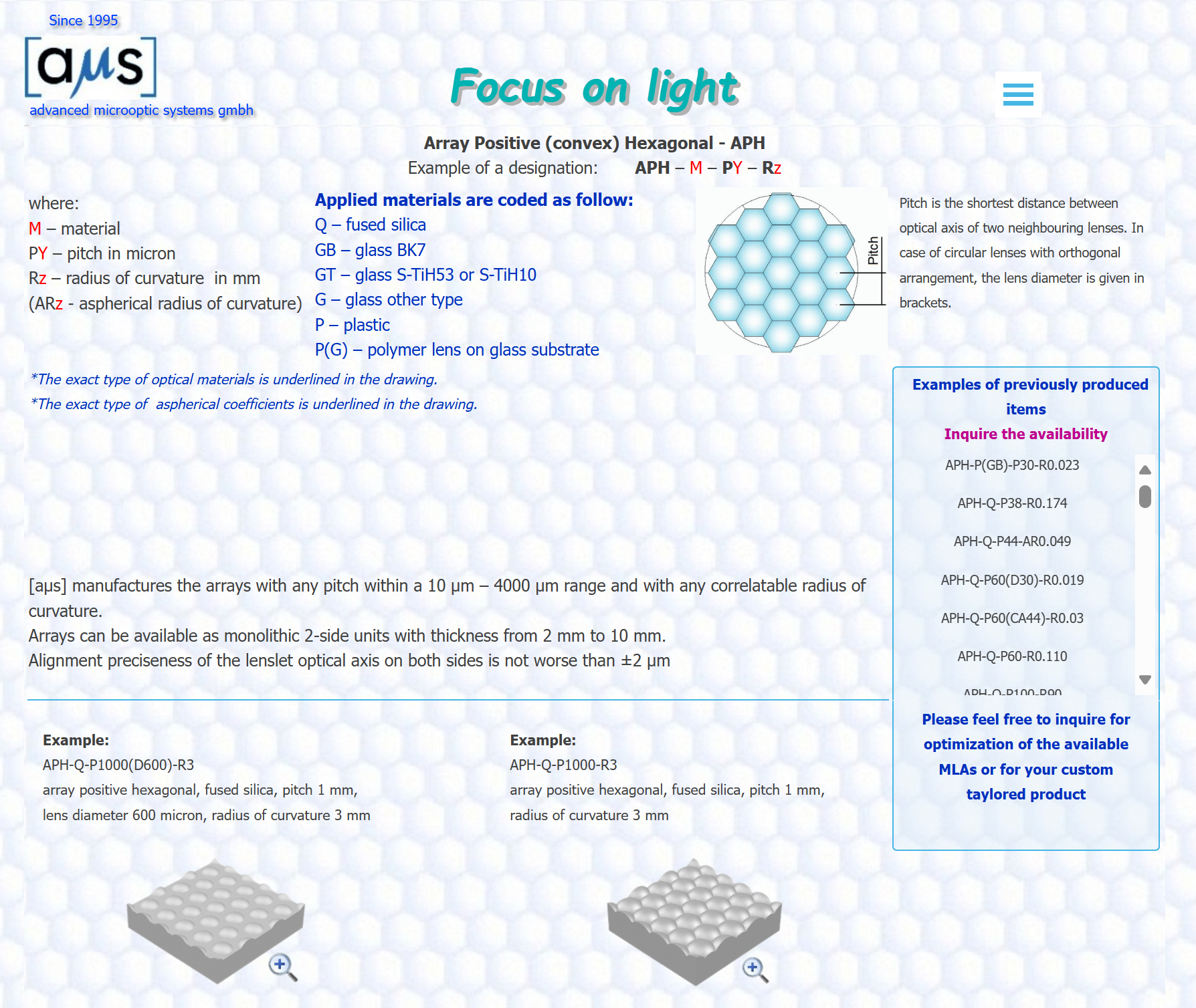 阵列正（凸面）六边形透镜 - APH（Array Positive (convex) Hexagonal - APH）_厂商产品_上海岑涛科贸有限公司